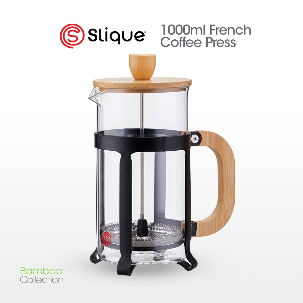 SLIQUE French Coffee Press Borosilicate Glass Bamboo Handle & Lid ...