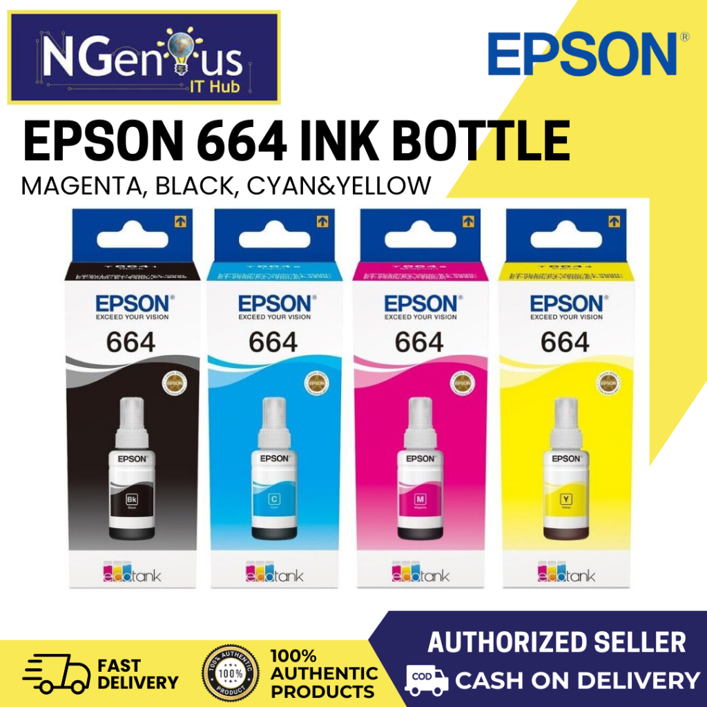 EPSON 664 INK BOTTLE C13T664300 MAGENTA, BLACK, CYAN&YELLOW for Epson Printer L100, L110, L200 ...