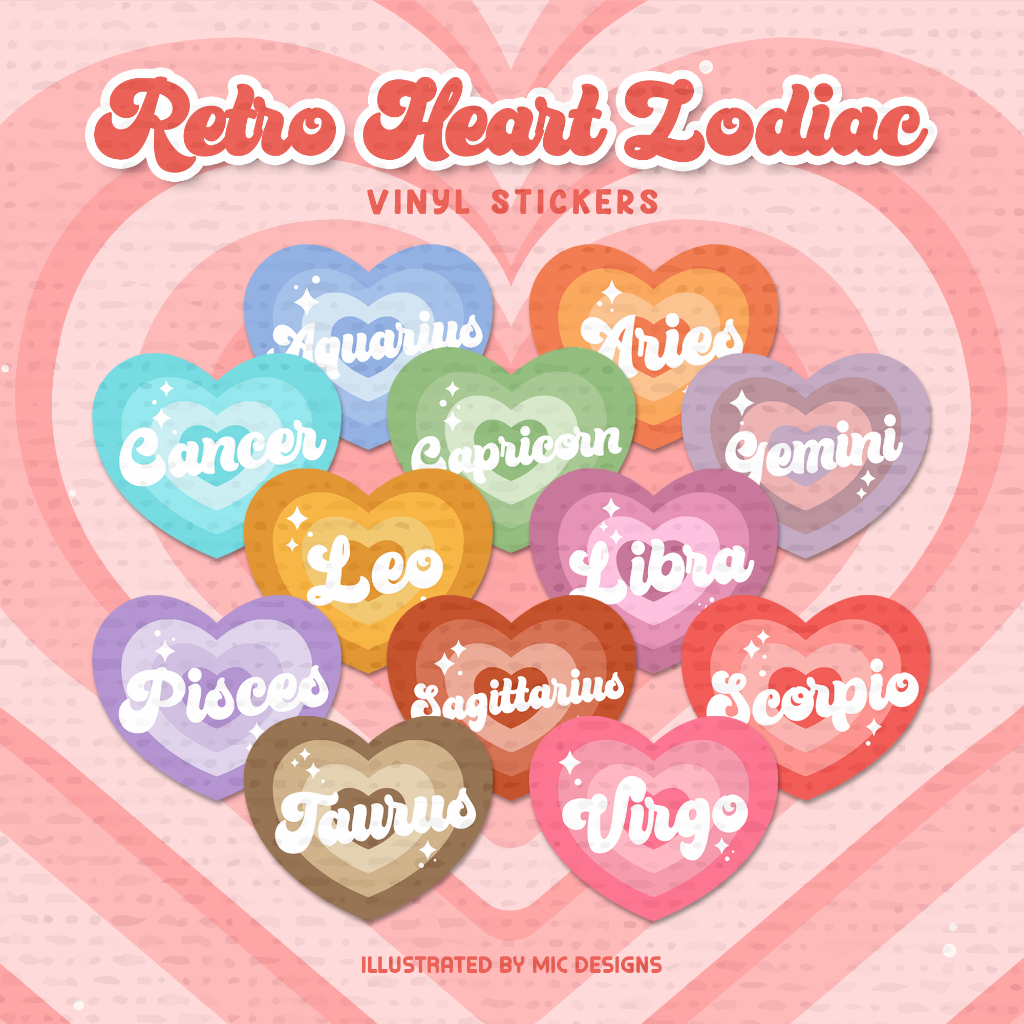 Retro Heart Zodiac Sign Vinyl Stickers | Horoscope Waterproof Laptop ...