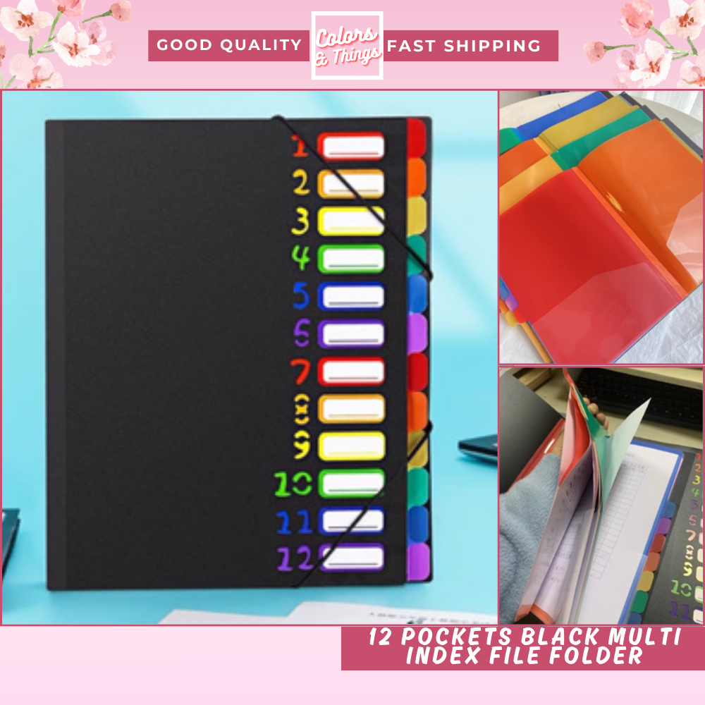 Colorsandthings 12 Pockets Black Multi Index File Folder | Shopee ...