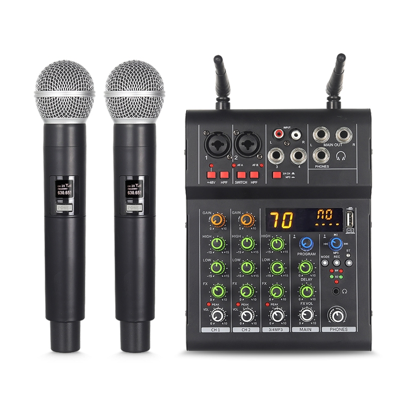 Professional audio mixer, wireless dual microphone USB 48V mixer, 4 ...