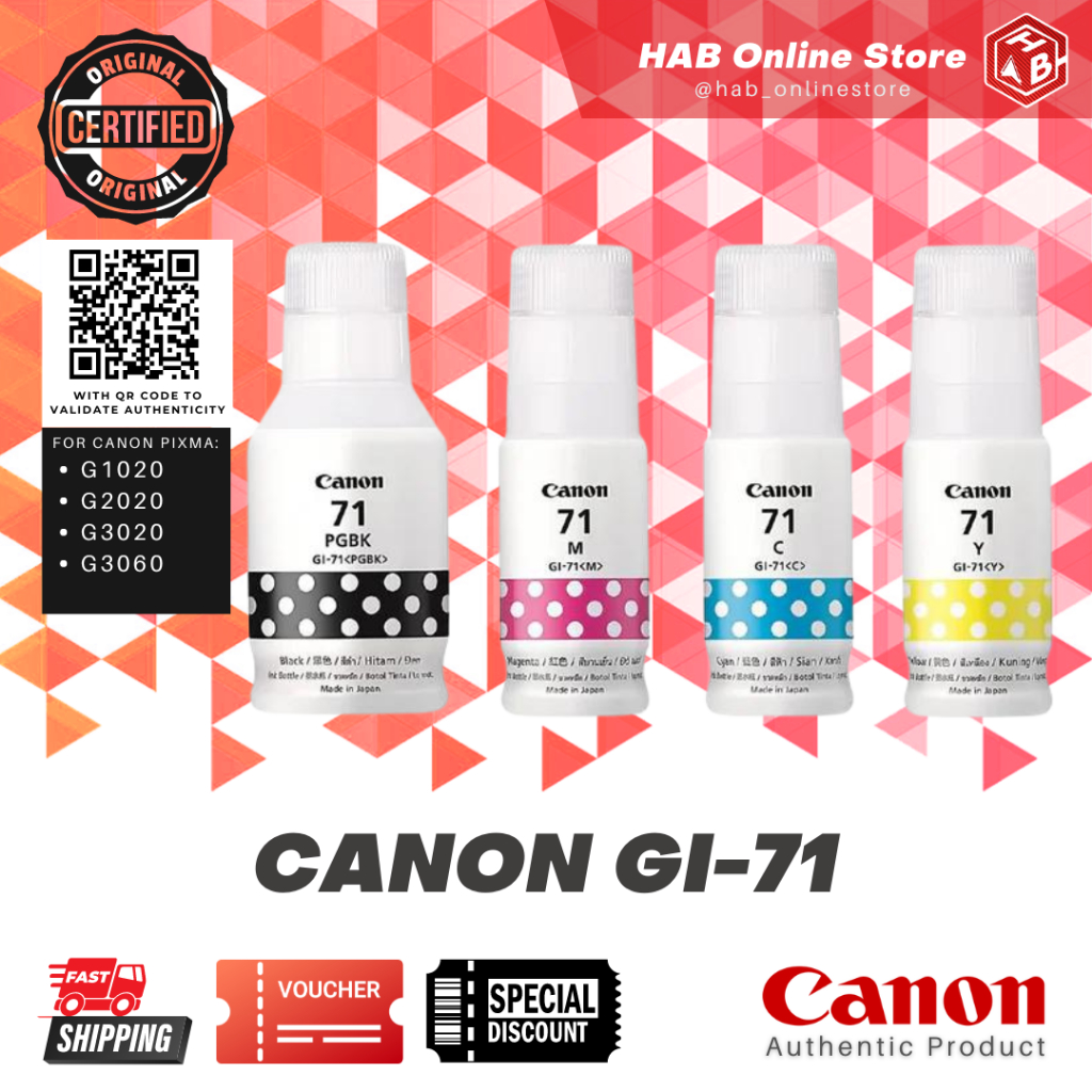 Canon Gi-71 Refill Ink Bottle for G1020 G2020 G3020 G3060 Gi 71 BkCMY ...