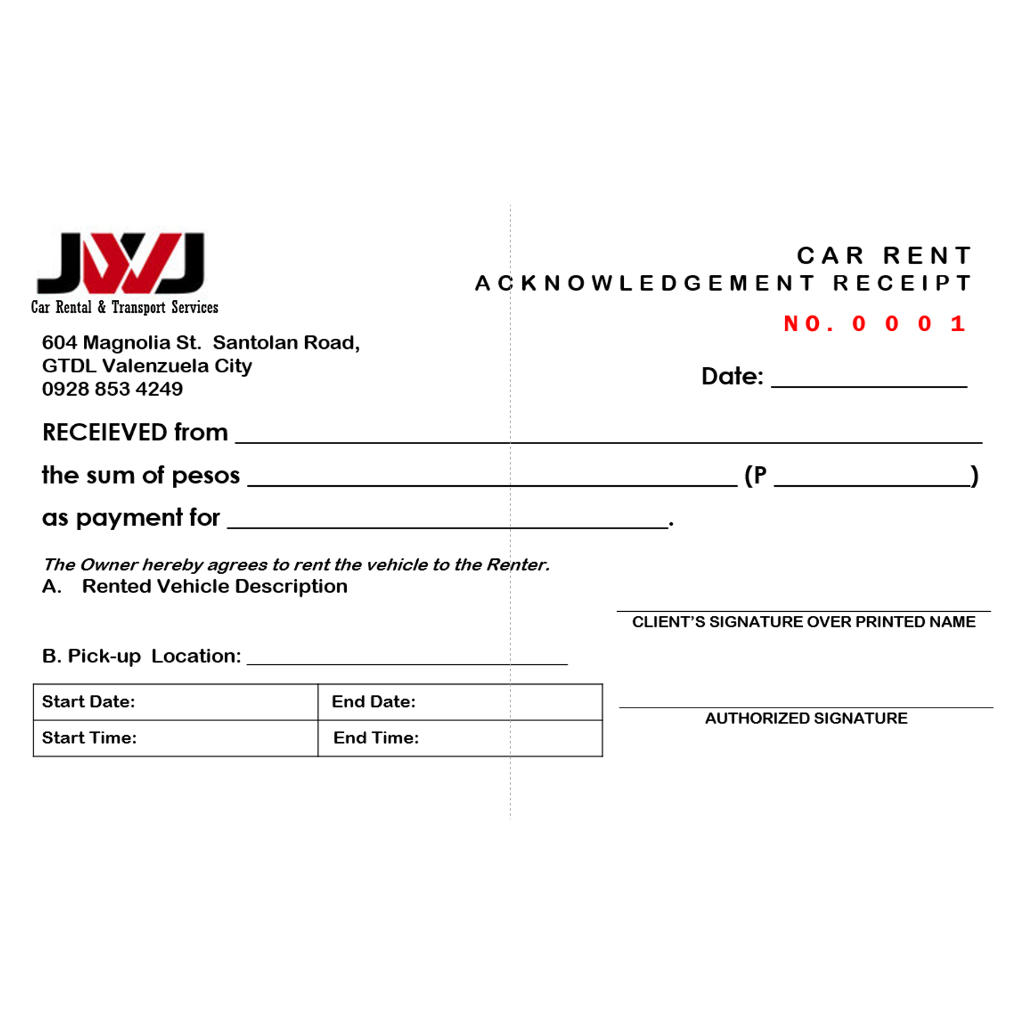 PERSONALIZED CAR RENTAL FORM / RECEIPT 100 SHEETS | Shopee Philippines