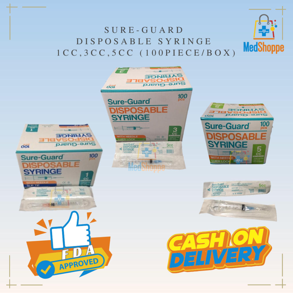 SURE-GUARD DISPOSABLE SYRINGE 1CC,3CC,5CC (100piece/box) | Shopee ...