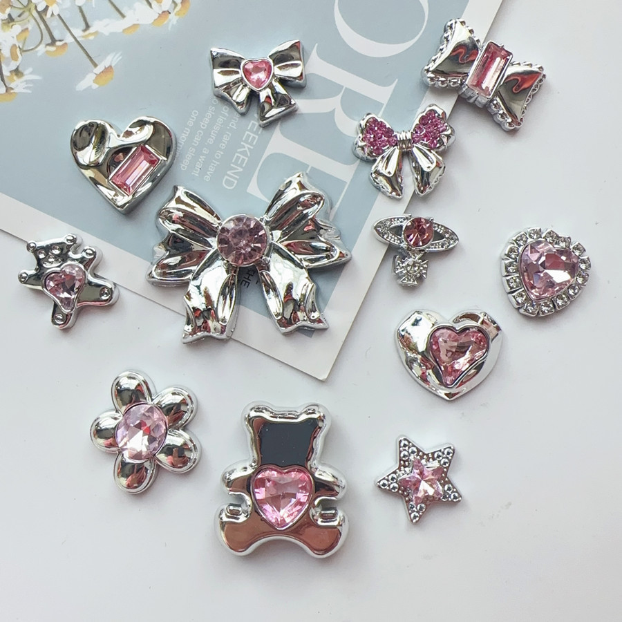 Silver Pink Bow Bear Jibbitz Charms Shoe Design Buckle Shoe Decor Clogs ...