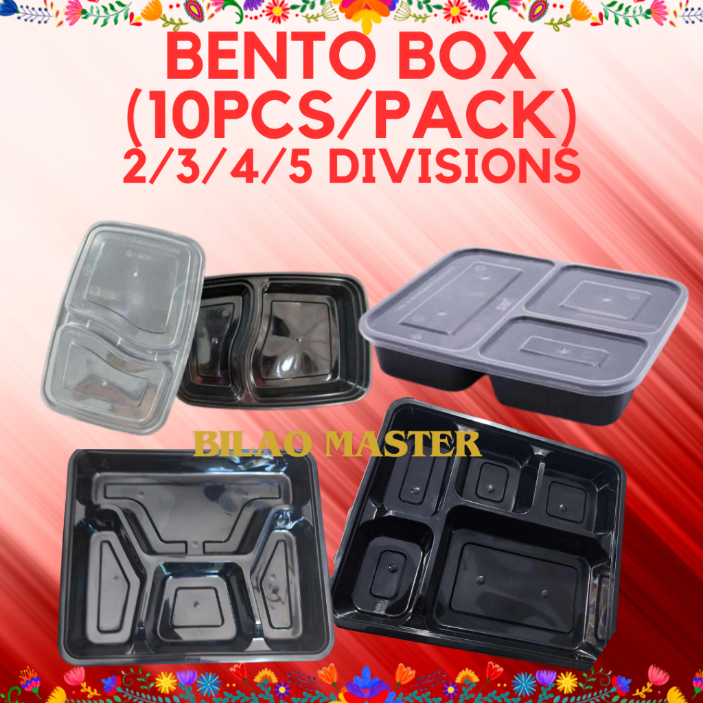 Bento Box Black with Lid (10pcs/pack) 2/3/4/5 Divisions Available ...
