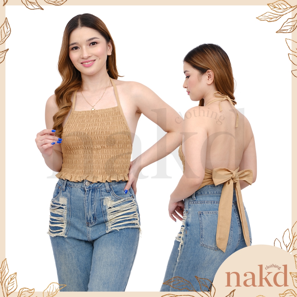 NAKD FASHION ELLERY SMOCKING HALTER SELF TIE RIBBON BACK SUMMER SEXY TOP 1500 | Shopee Philippines
