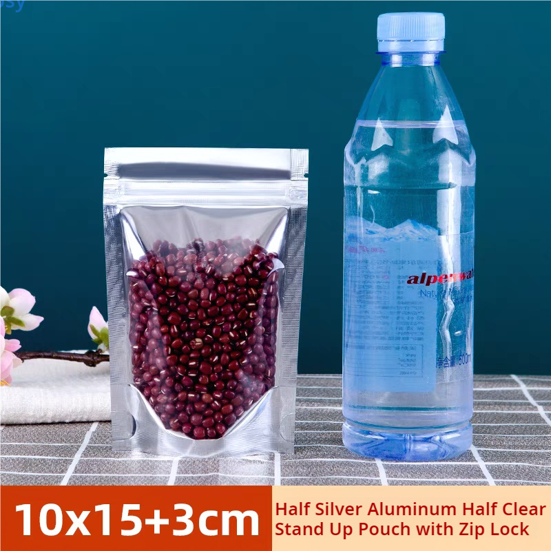 50-100 pcs Half Silver Aluminum Half Clear Stand Up Pouch with Zip Lock Packaging Ziplock ...