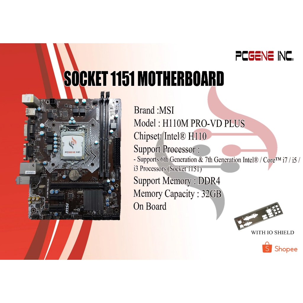 Socket 1151 D4 OB Motherboard H110 MSI H110M PRO-VD PLUS (with ...