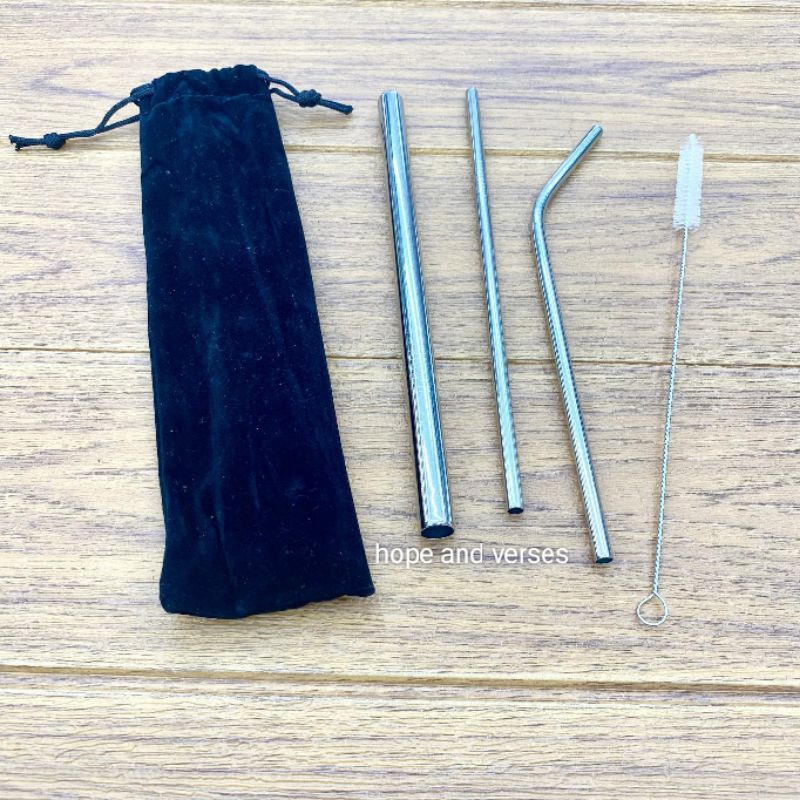 Reusable Metal Straw 4n1 set straw w/ velvet black pouch Silver ...