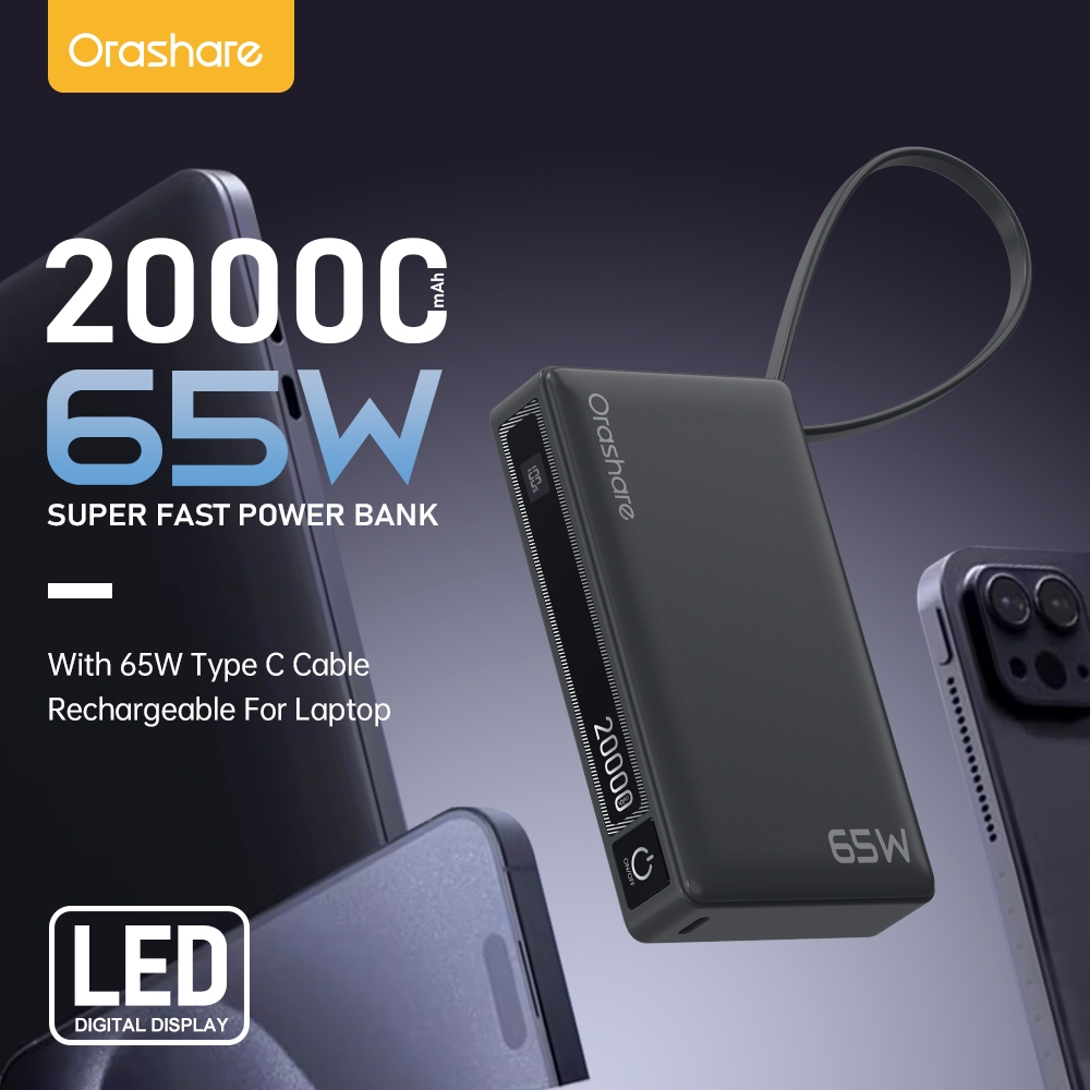 Orashare PLC265 Powerbank 20000mAh 65W Super Fast Charge Built-in Type ...