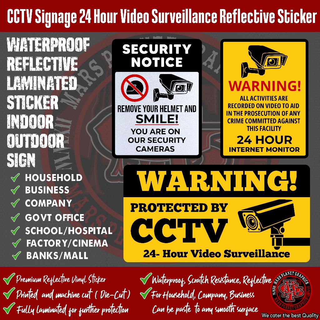 24 HOUR CCTV Monitoring Warning Sign Signages Reflective Vinyl Sticker ...