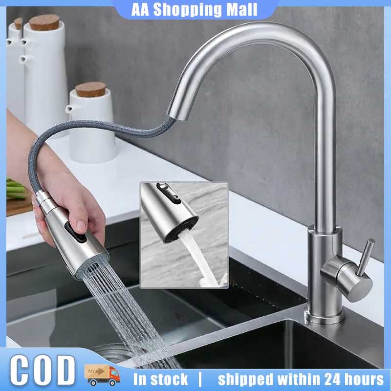 Kitchen Faucet 360°Rotation WIth Hose 304 Stainless Steel Water Tap ...