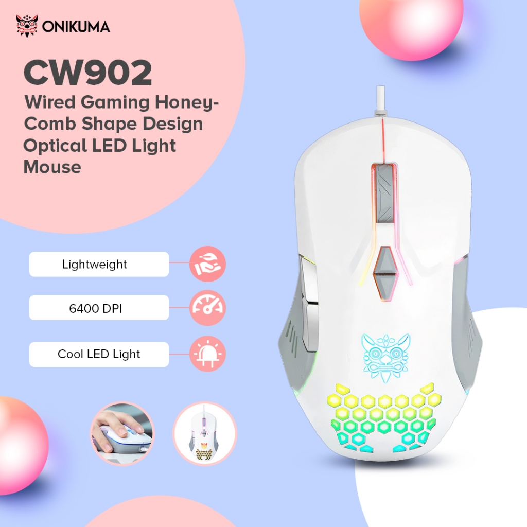 Onikuma CW902 Wired Gaming Mouse 6400 DPI Optical Tracking 7-Buttons RGB Ergonomic Mouse for ...
