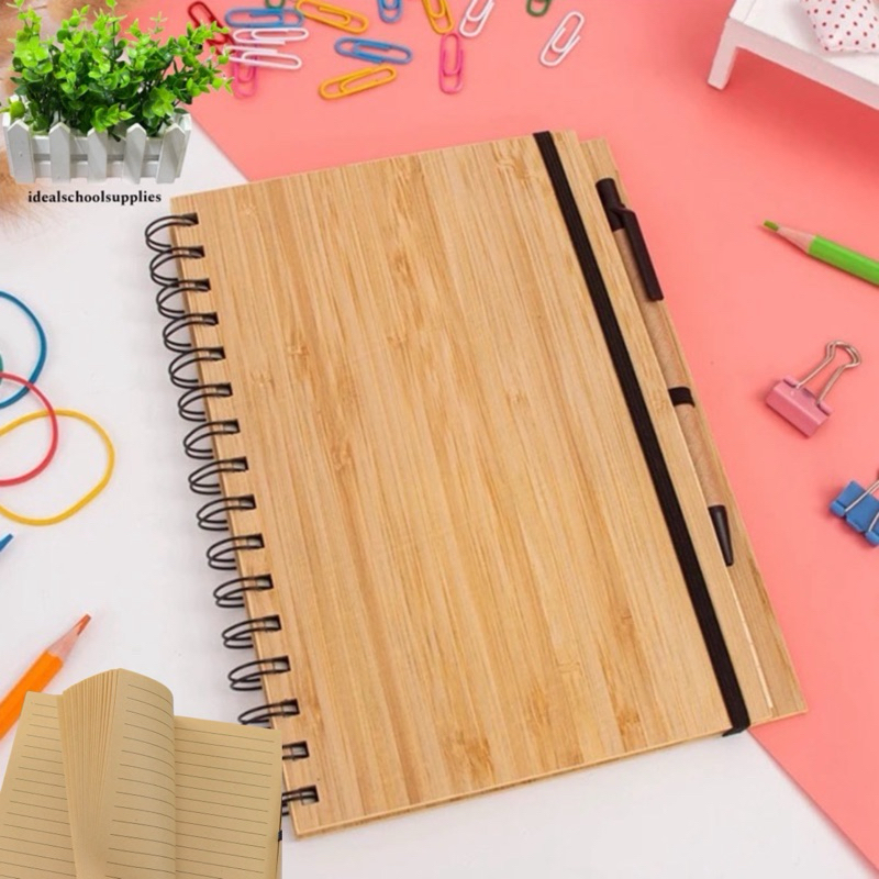 Spiral Bamboo Cover Notebook With Pen Set Printable | Shopee Philippines