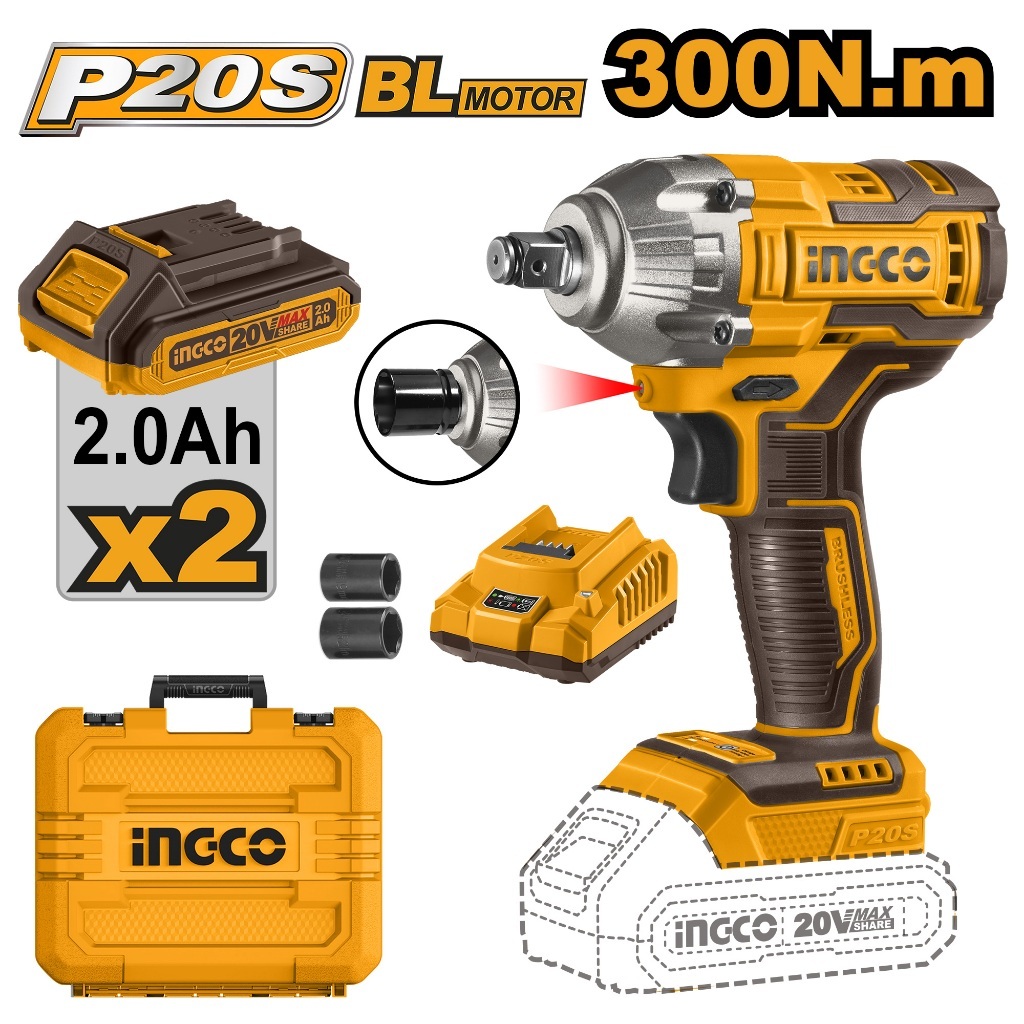 Ingco Cordless 20V Brushless Lithium-Ion Impact Wrench Power Tool For ...