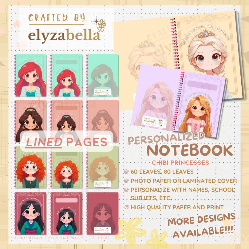 CHIBI PRINCESS Design Personalized Notebook 60 or 80 LINED Sheets ...