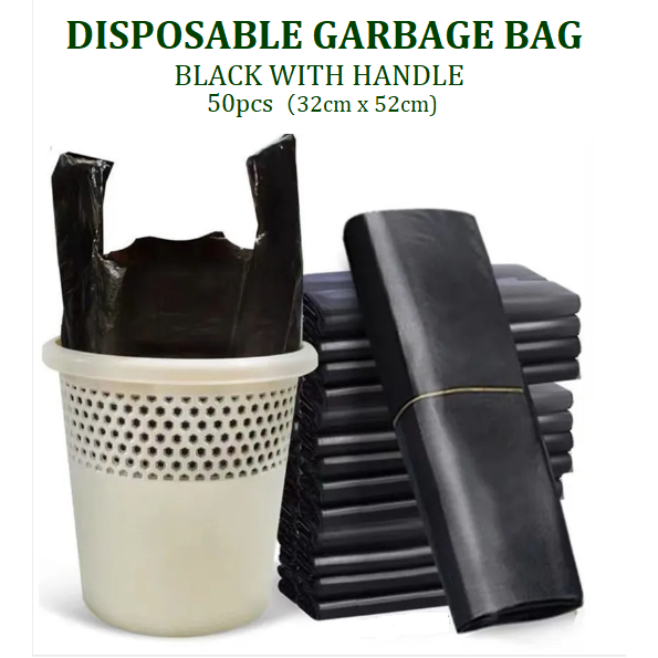 SC Disposable Garbage Bag With Handle Black Plastic Trash 32cm x 52cm T ...