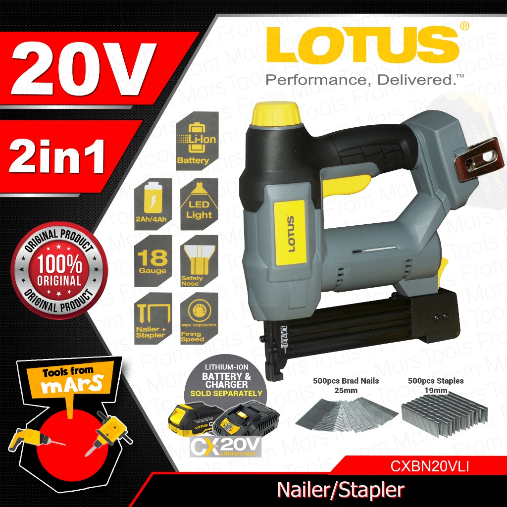 Lotus 20V Cordless Brad Nailer / Stapler Tacker Wireless Nailing Staple ...