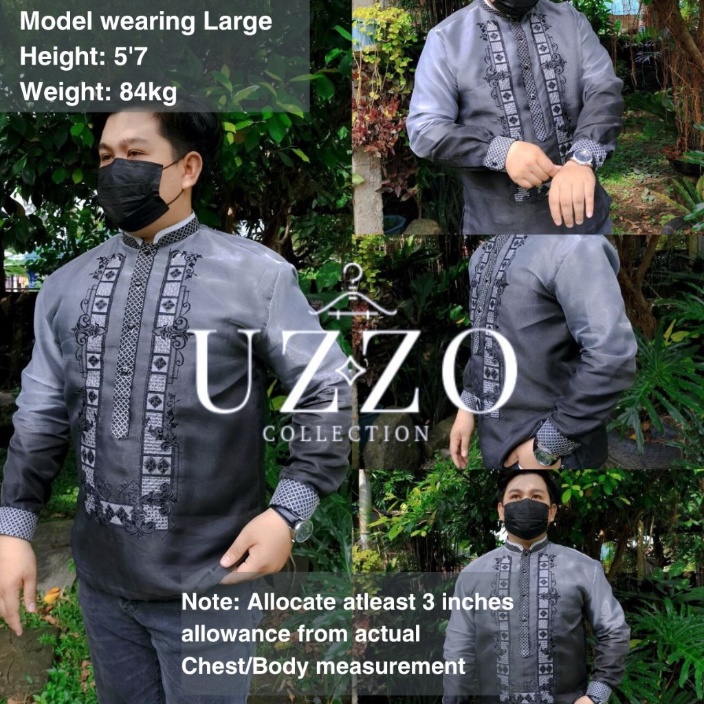 UZZO II Monochromatic Modern Barong Tagalog for Men Organza Double Collar with Black Lining ...