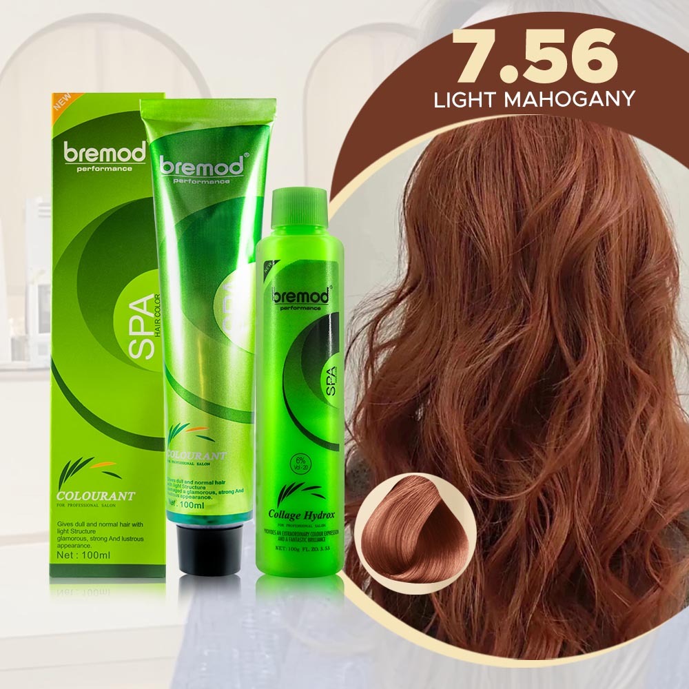 Bremod Hair Color 7.56 Light Mahogany 100mL with Bremod Oxidizer (6%, 9 ...