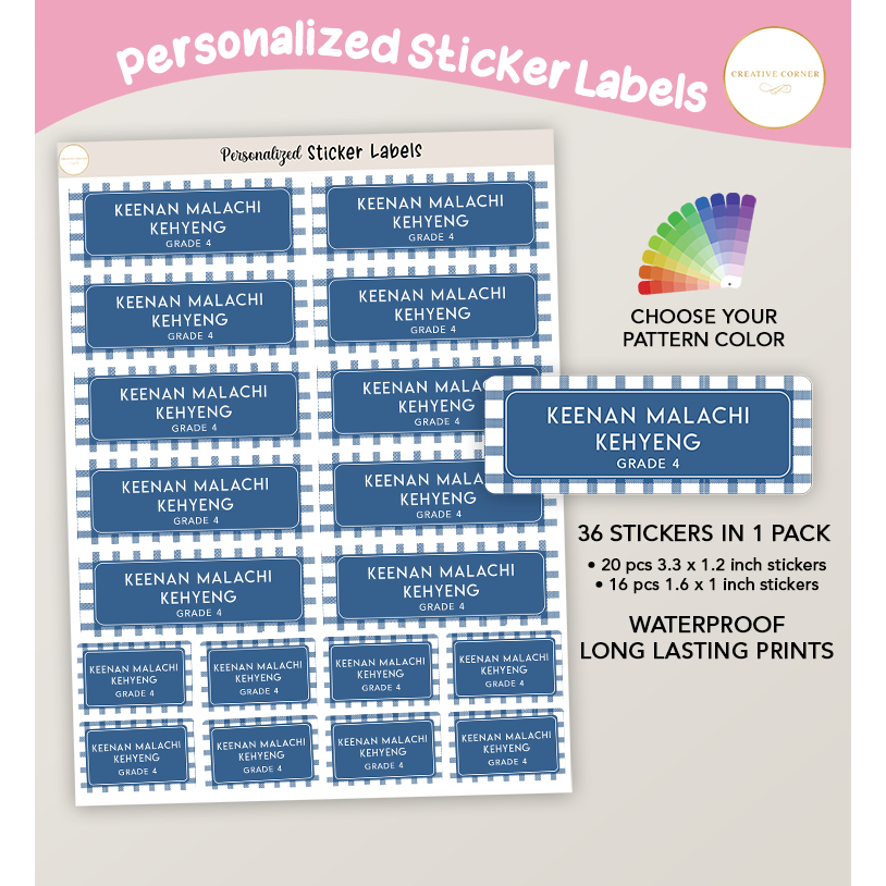 Personalized Cute Gingham Checkered Name Sticker Labels, Waterproof ...