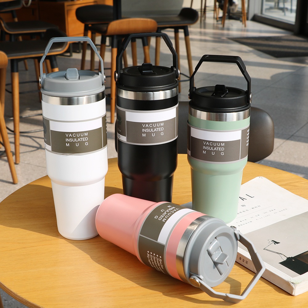 900ML Tumbler with Foldable Straw Thermos Coffee Mug Stainless Steel ...