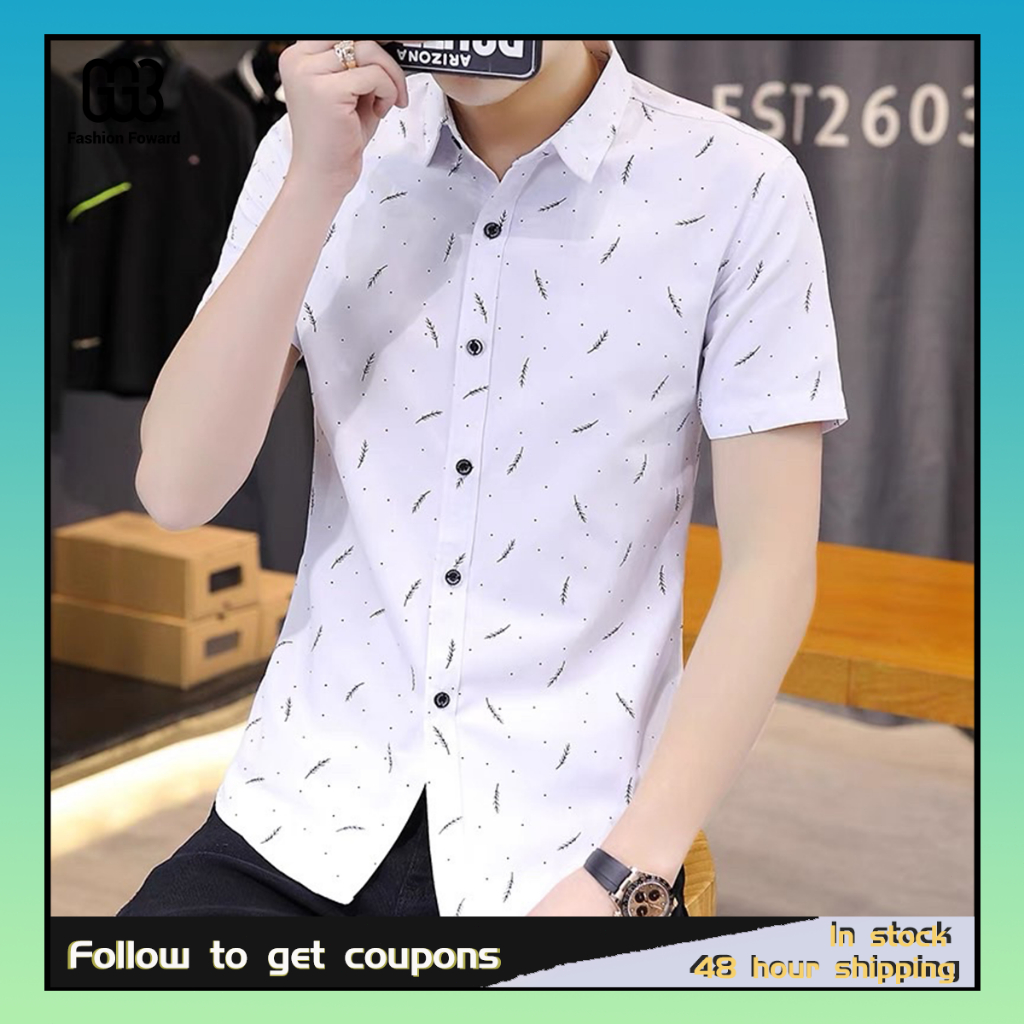 Men's Printed Polo Korean Fashion Print White Short Sleeve Polo ...