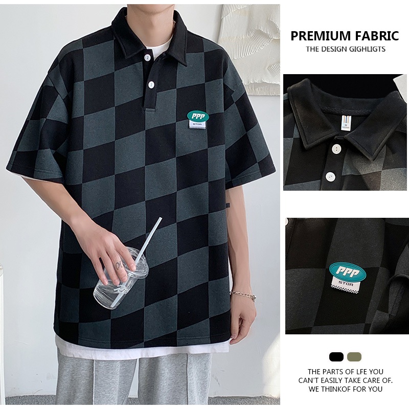 aesthetic polo for men original korean loose polo shirt checkerboard ...