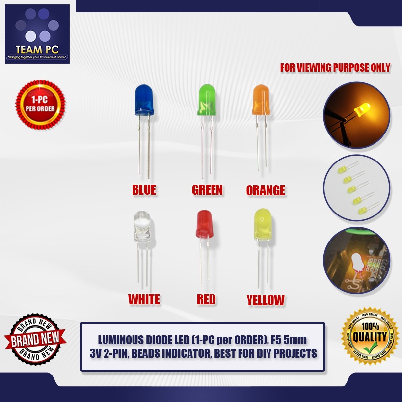 LUMINOUS DIODE LED (1-PC per ORDER), F5 5mm 3V 2-PIN, BEADS INDICATOR ...
