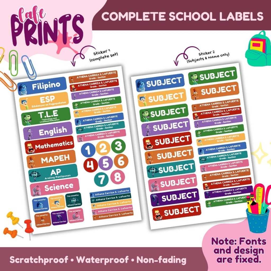 Personalized Back to School Complete Subject & Names Labels with ...