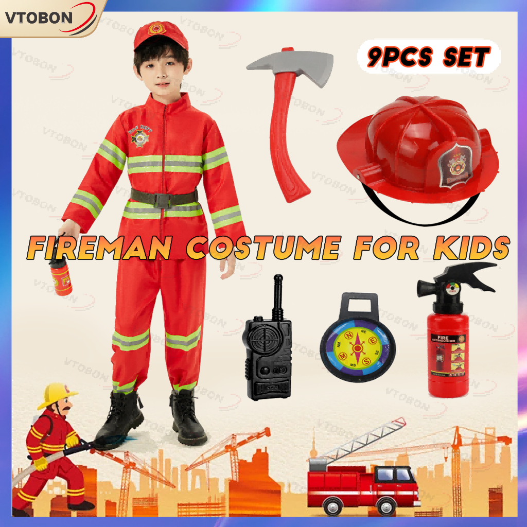9pcs Fireman Costume For Kids Boy Fire Fighter Uniform Cosplay Role ...
