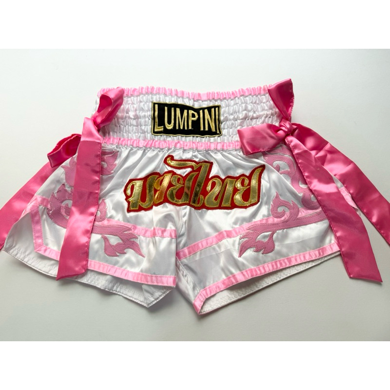 Ram Lumpini Satin Muay Thai Fight Shorts White with Pink Ribbons Small ...