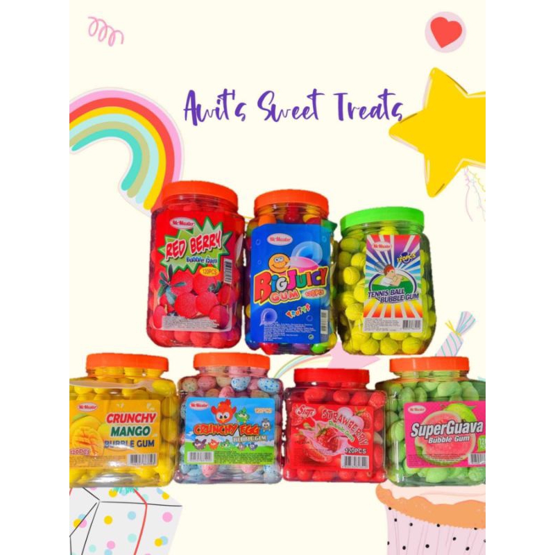 Big juicy gum, red berry, Tennis ball, crunchy egg , crunchy mango ...