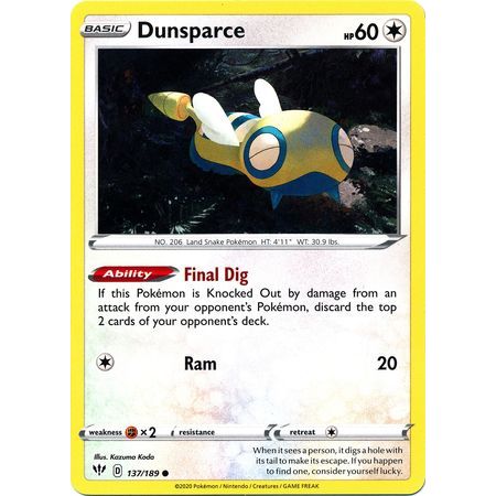 Pokemon TCG - DUNSPARCE 137/189 Common/Reverse - Darkness Ablaze ...