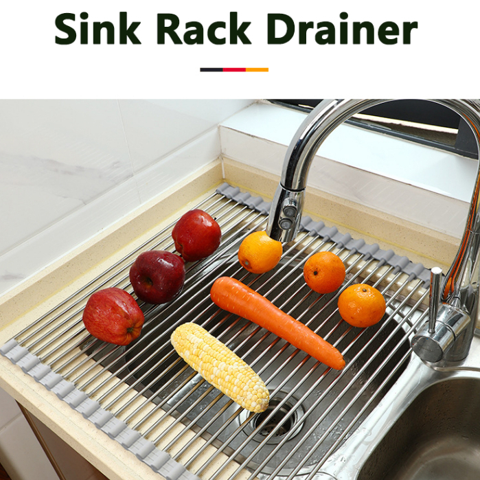 Roll-up Silicone Sink Rack Drainer Kitchen Dish Drying Rack Stainless ...