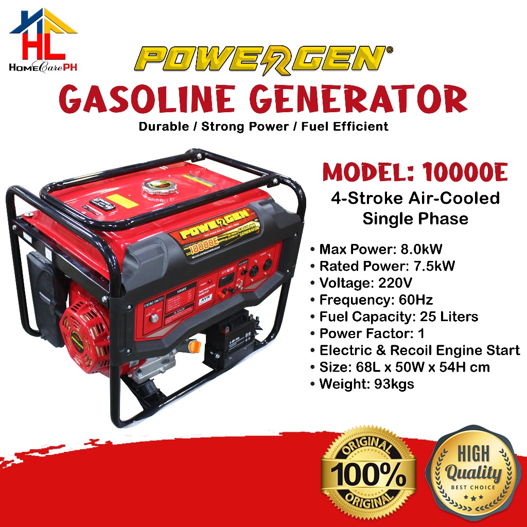 Powergen Portable Gasoline Generator 10000E (8000Watts) | Shopee ...