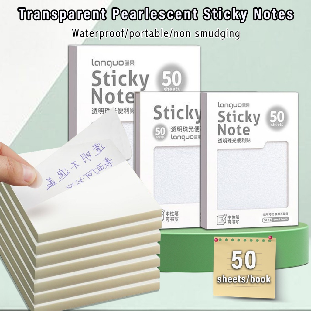 50Sheets Transparent Sticky Notes Waterproof Self-Adhesive Transparent ...