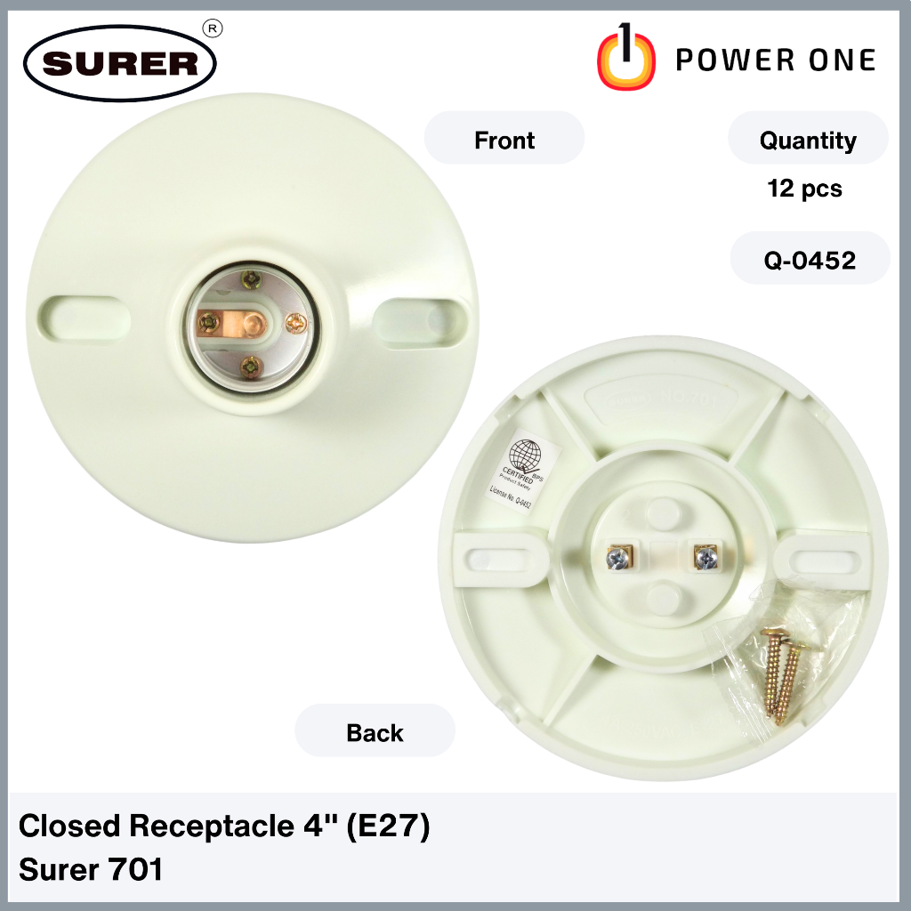 Surer 701 Ceiling Receptacle Light Socket, 4-1/4" (E27) (4A) (Box of ...