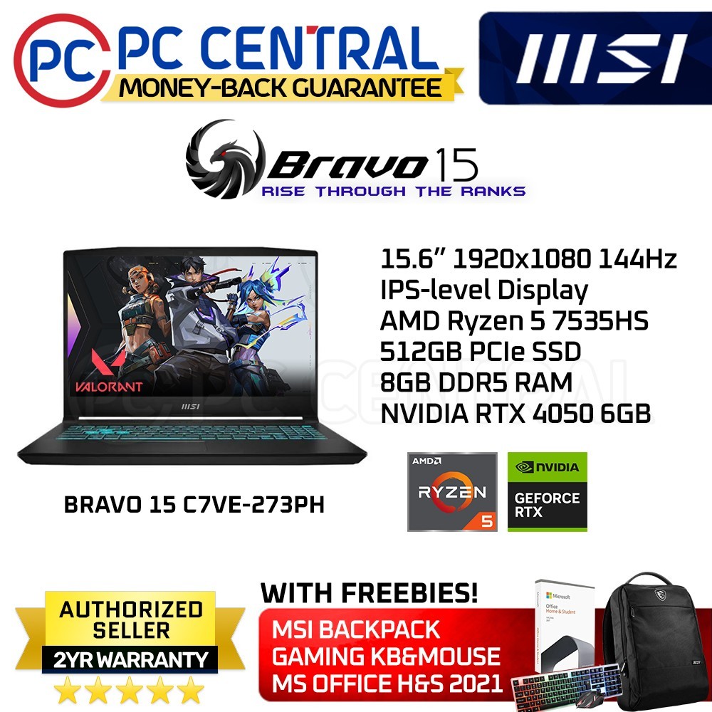 MSI Bravo 15 (C7VE-273PH)| Ryzen 5 7535HS | 8GB DRR5 | 512GB SSD | RTX ...