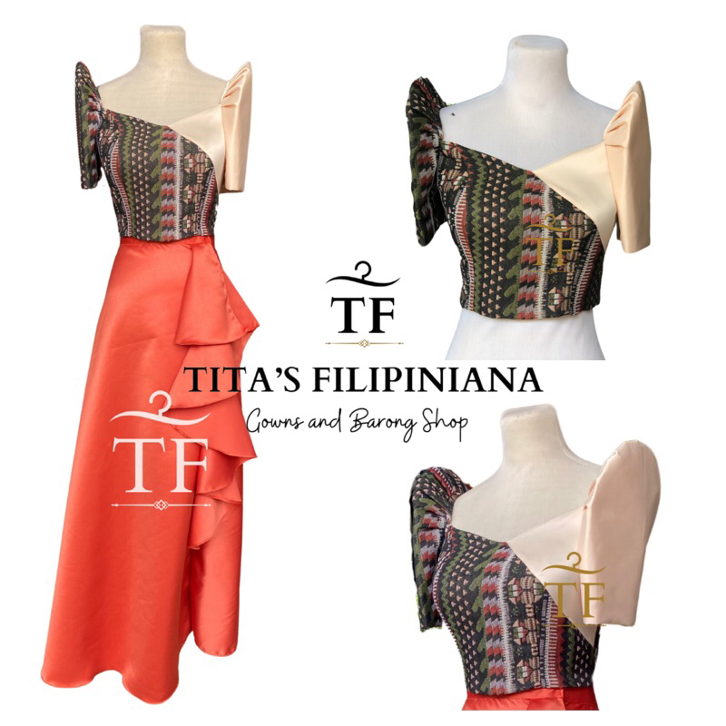 Modern Filipiniana Ethnic with Ruffles Rust Orange Skirt | Shopee ...