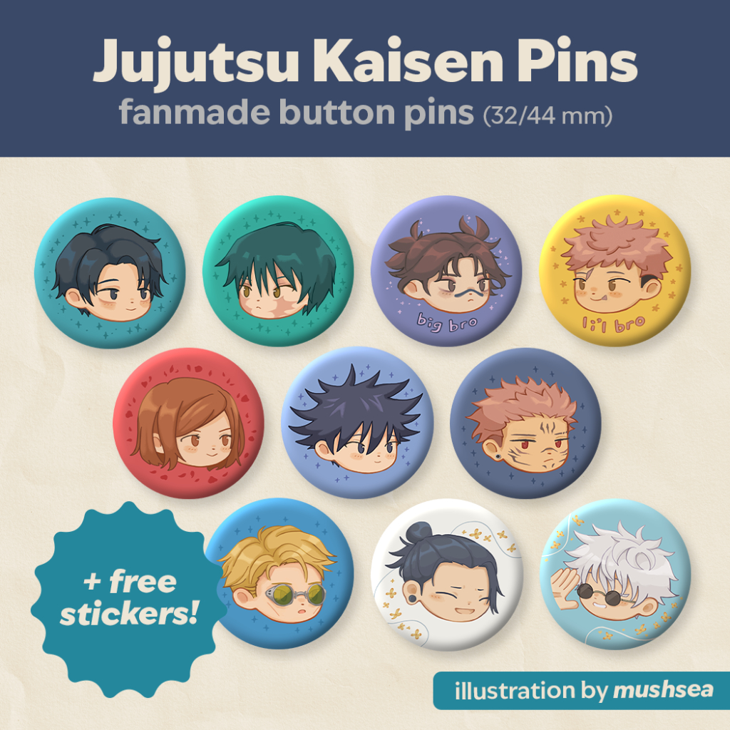 Jujutsu Kaisen - Button Pins 1.25" (JJK Gojo, Geto, Megumi, Choso, Yuji ...