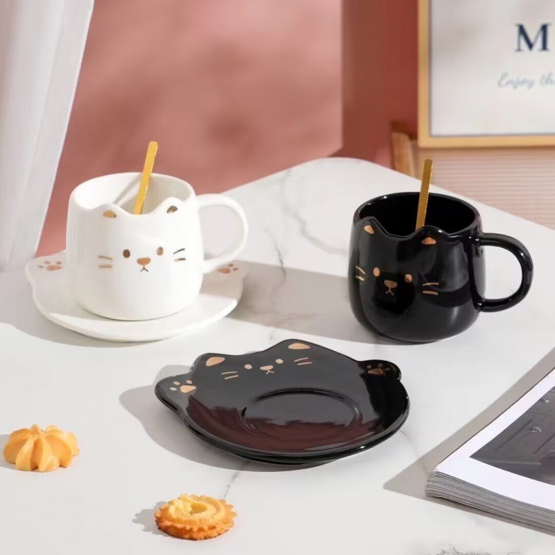 Creative Cartoon Porcelain Cute 3D Cat Mugs Milk Cup Set With Tray ...