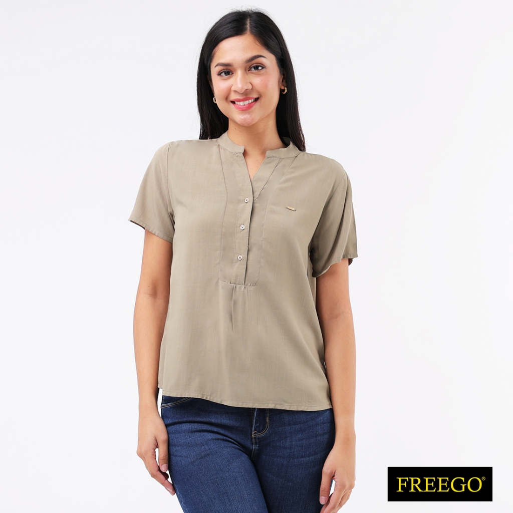 Freego Ladies Woven Plain Soft Linen Short Sleeve Blouse AST04-0160 ...