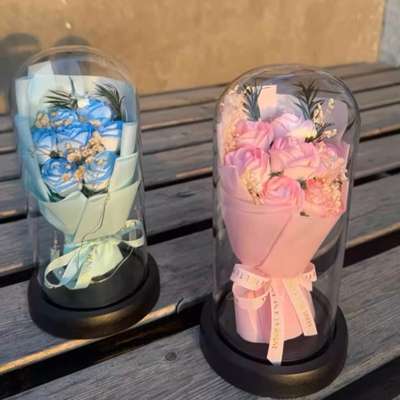 Preserved Flower Glass Cover Bouquet Crushed Ice Blue Rose Soap Flower ...