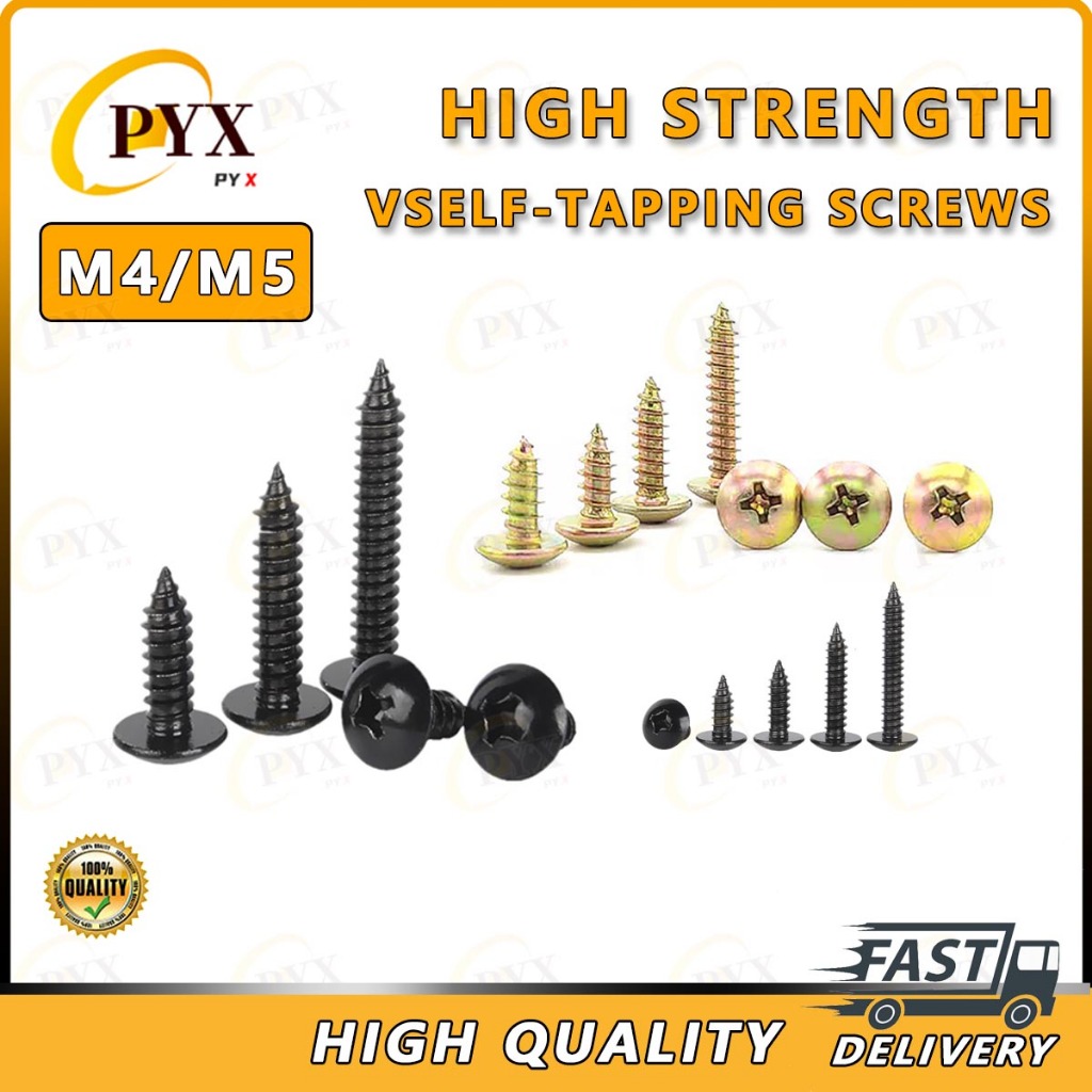 10Pcs M4 M5 iron black cross large flat head self tapping screw round ...