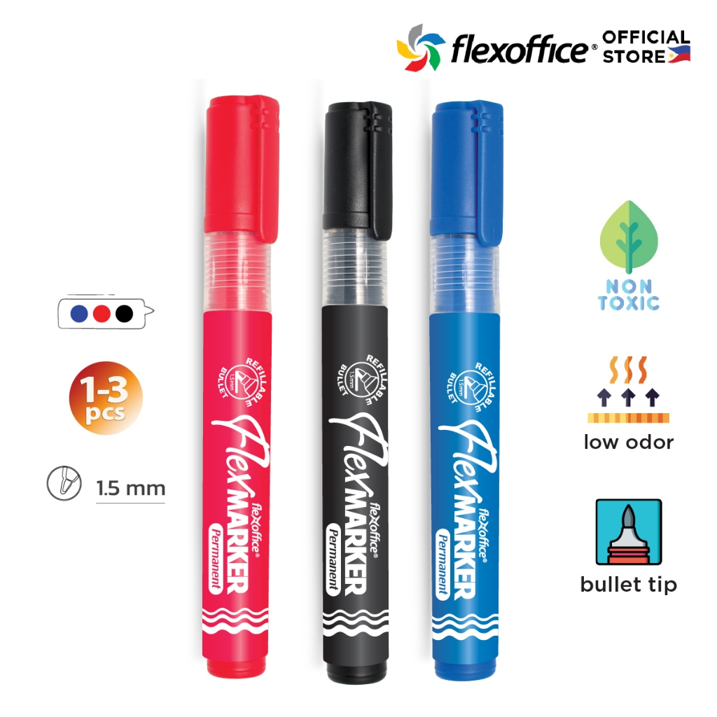 FlexOffice Permanent Marker 1.5mm - 1pc/3pcs - Refillable - 3 color ...