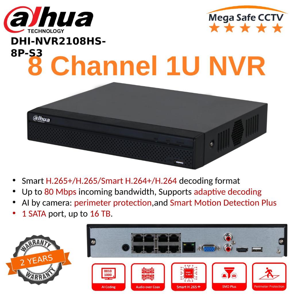 Dahua DHI-NVR2108HS-8P-S3 8CH NVR + 8PoE Perimeter Protection, Network Video Recorder (optional ...
