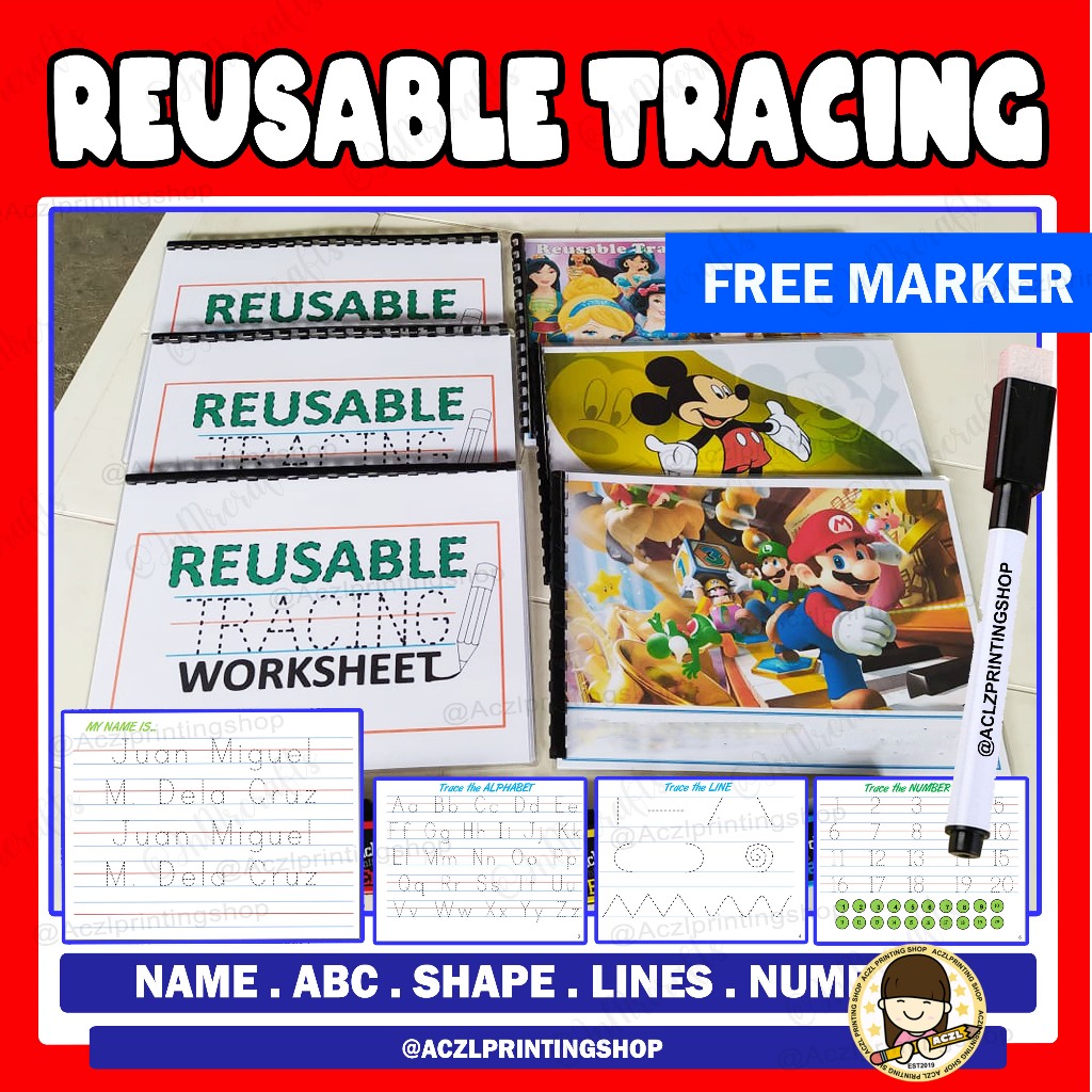 REUSABLE LAMINATED TRACING WORKSHEET for kids ( FREE MARKER & ERASER ...