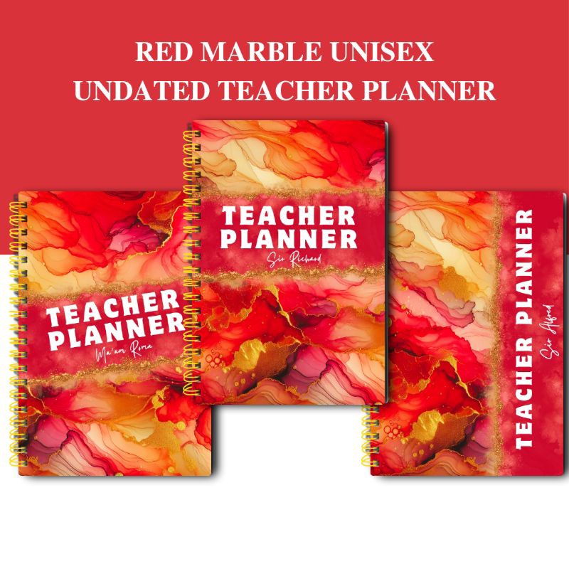 Personalized Teacher Planner 2024-2025 with 140 Pages and Red Marble ...